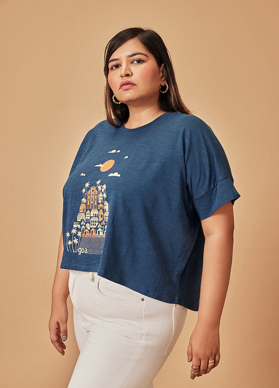 Goan Blue Printed Organic Cotton Round Neck Oversized T Shirt For Women